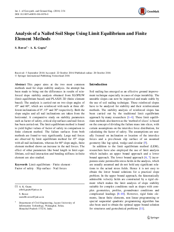 (PDF) Analysis of a Nailed Soil Slope Using Limit Equilibrium and Finite Element Methods