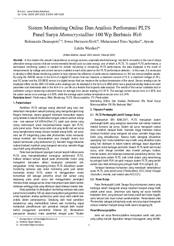 (PDF) Sistem Monitoring Online Dan Analisis Perfomansi Plts Panel Surya Monocrystalline 100 Wp ...
