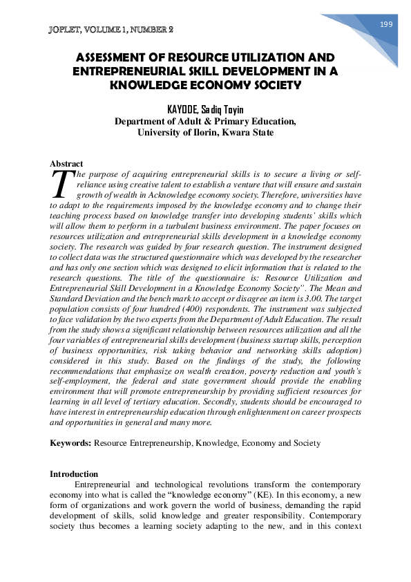 (PDF) ASSESSMENT OF RESOURCE UTILIZATION AND ENTREPRENEURIAL SKILL DEVELOPMENT IN A KNOWLEDGE ...