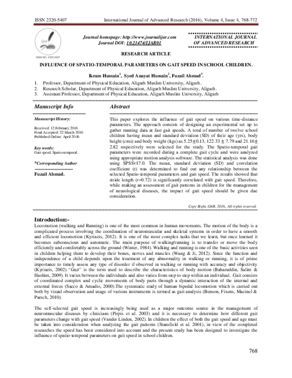 Pdf Influence Of Spatio Temporal Parameters On Gait Speed In School