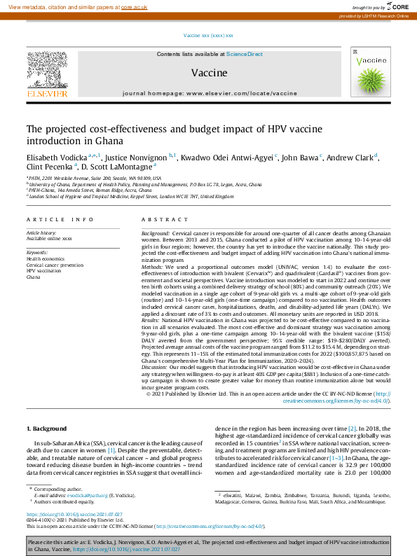Pdf The Projected Cost Effectiveness And Budget Impact Of Hpv Vaccine Introduction In Ghana