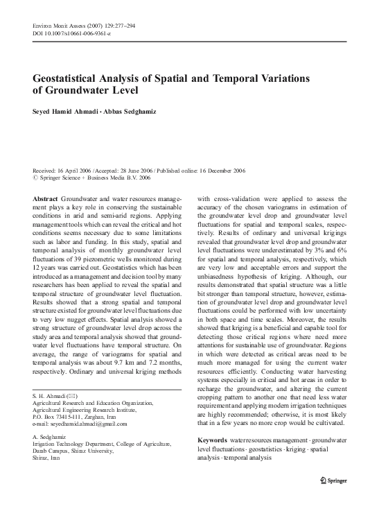 (PDF) Geostatistical Analysis of Spatial and Temporal Variations of Groundwater Level