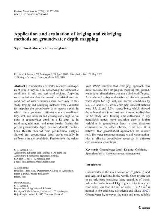 (PDF) Application and evaluation of kriging and cokriging methods on groundwater depth mapping