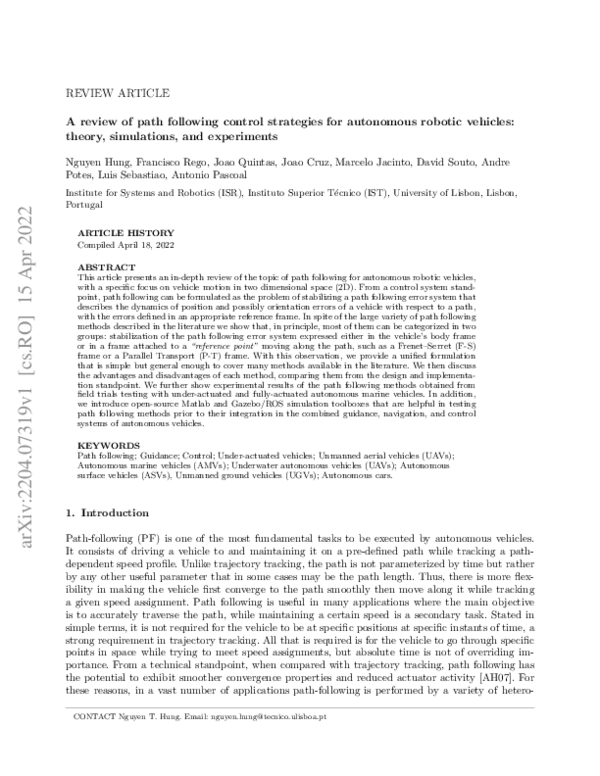 (PDF) A review of path following control strategies for autonomous robotic vehicles: theory ...