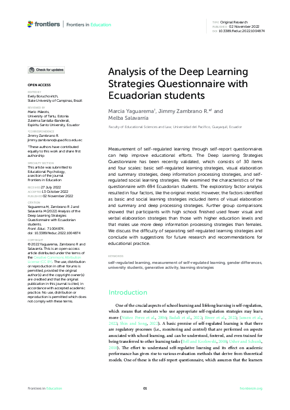 (PDF) Analysis of the Deep Learning Strategies Questionnaire with ...