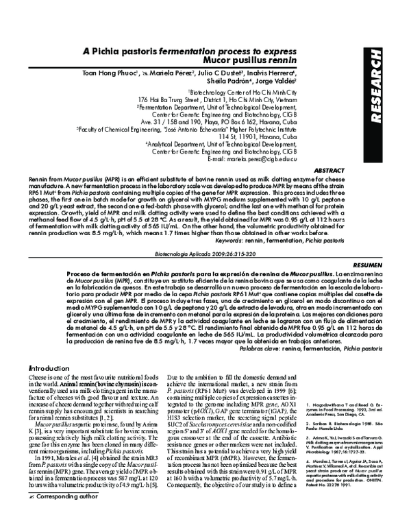 (PDF) A Pichia pastoris fermentation process to express Mucor pusillus ...