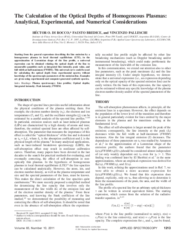 (PDF) The Calculation of the Optical Depths of Homogeneous Plasmas: Analytical, Experimental ...
