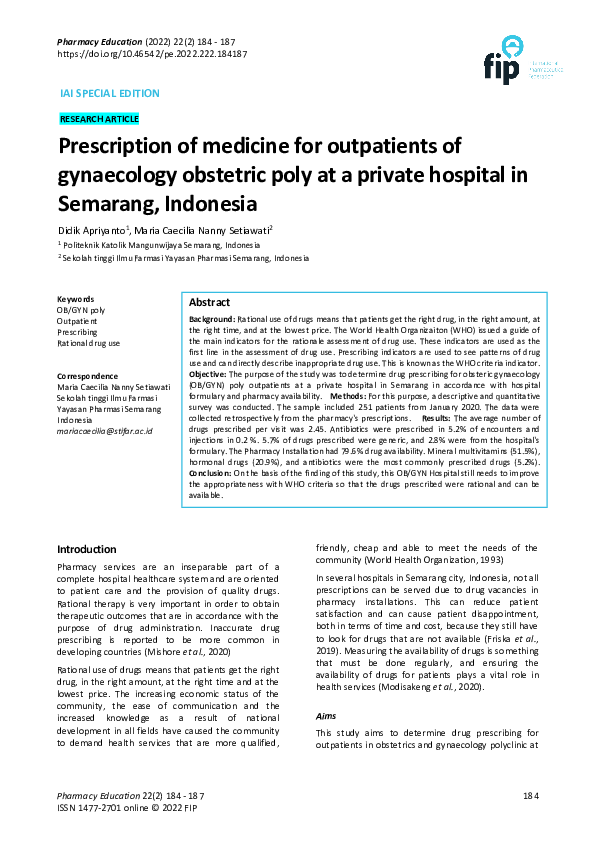 (PDF) Prescription of medicine for outpatients of gynaecology obstetric ...