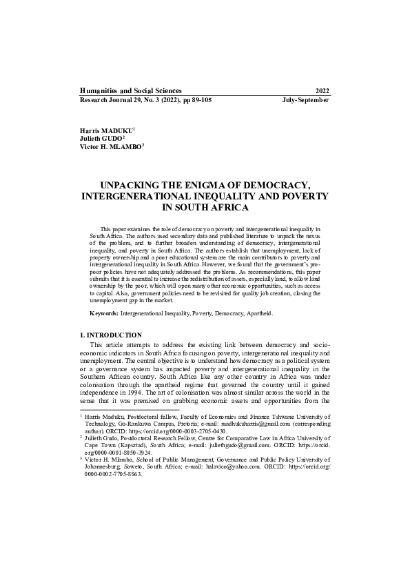 (PDF) Unpacking the Enigma of Democracy, Intergenerational Inequality and Poverty in South Africa