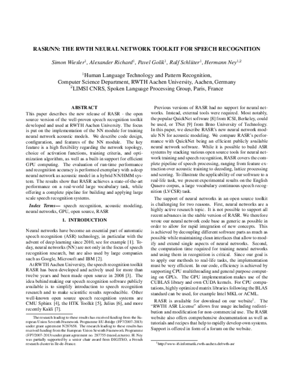(PDF) RASR/NN: The RWTH neural network toolkit for speech recognition