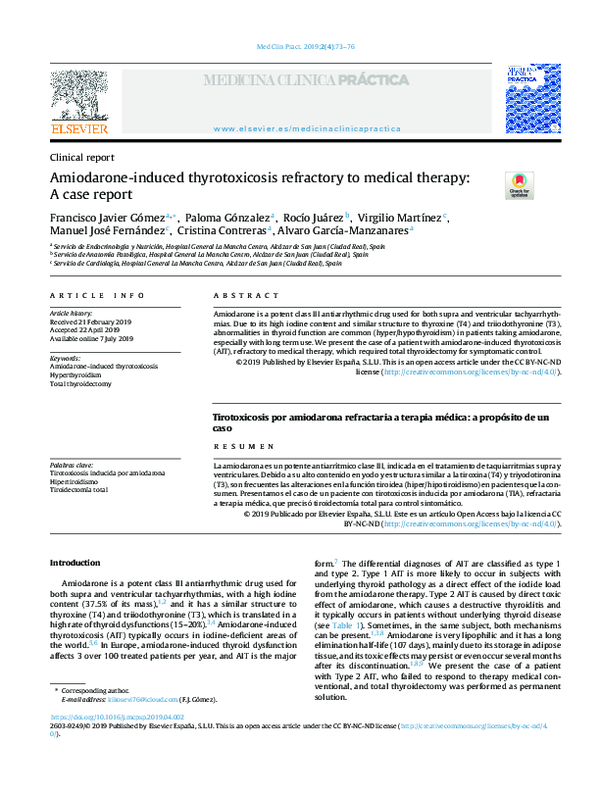 (PDF) Amiodarone-induced thyrotoxicosis refractory to medical therapy: A case report