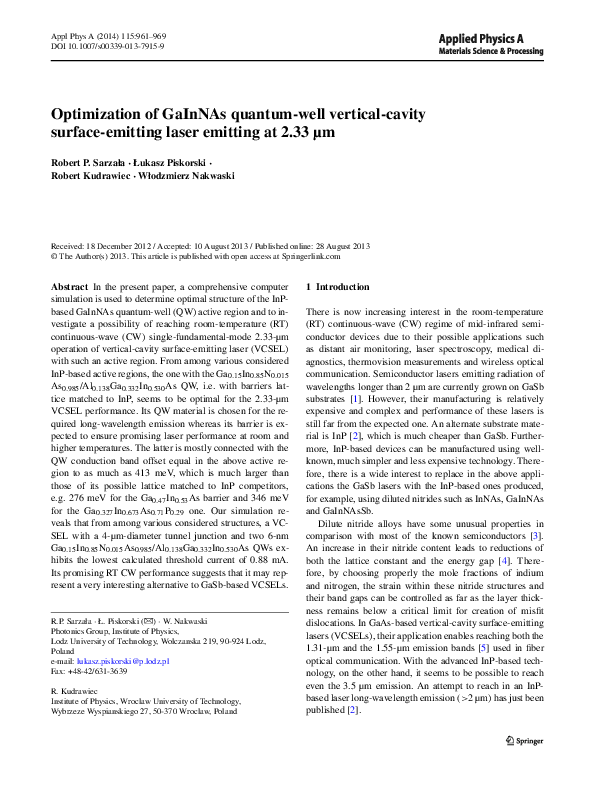(PDF) Optimization of GaInNAs quantum-well vertical-cavity surface ...