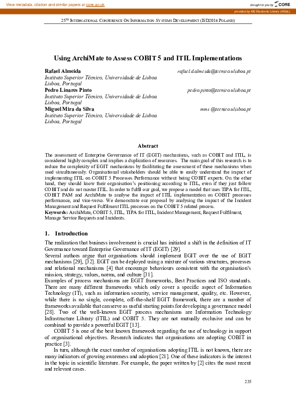 Pdf Using Archimate To Assess Cobit 5 And Itil Implementations
