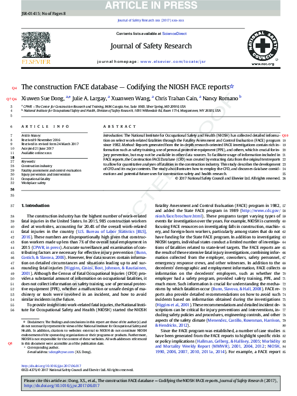 (PDF) The construction FACE database — Codifying the NIOSH FACE reports