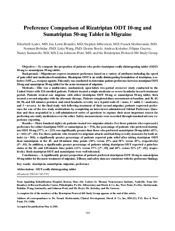 (PDF) Preference Comparison of Rizatriptan ODT 10-mg and Sumatriptan 50 ...