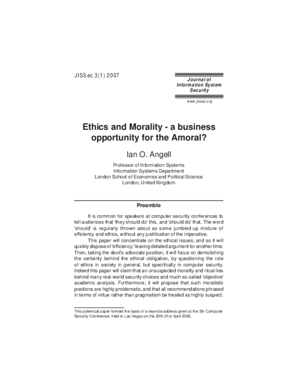 (PDF) Ethics and Morality - a business opportunity for the Amoral?