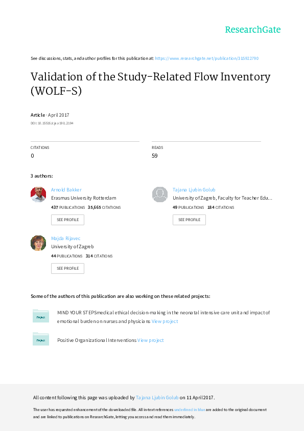 (PDF) Validation of the Study-Related Flow Inventory (WOLF-S) / Validacija Inventara zanesenosti ...