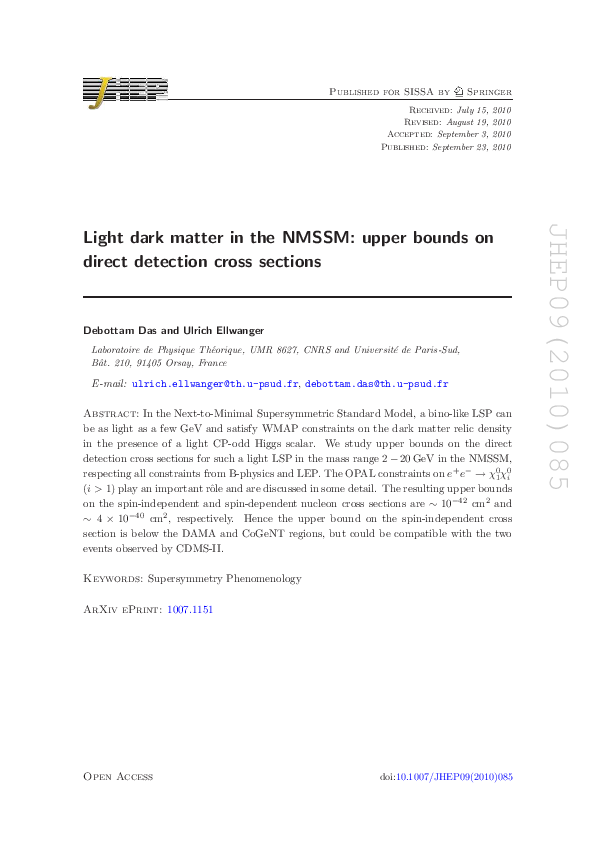 (PDF) Light dark matter in the NMSSM: upper bounds on direct detection cross sections