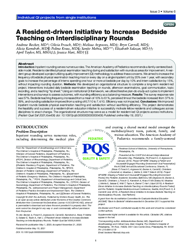 (PDF) A Resident-driven Initiative to Increase Bedside Teaching on ...
