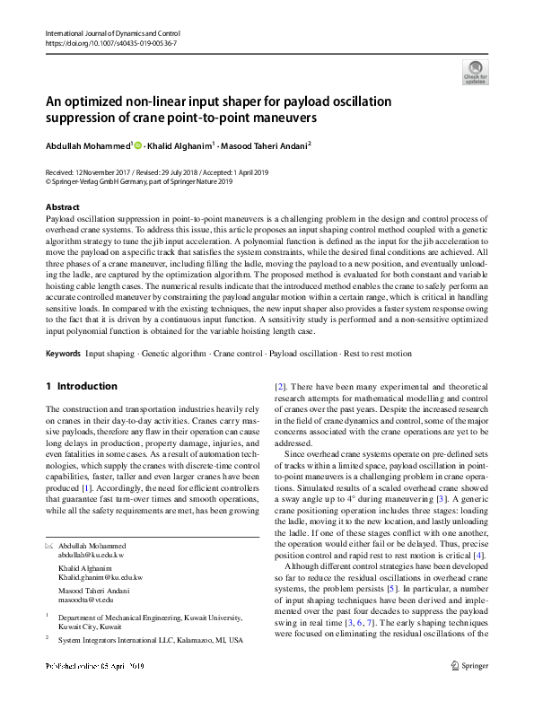 (PDF) An optimized non-linear input shaper for payload oscillation suppression of crane point-to ...