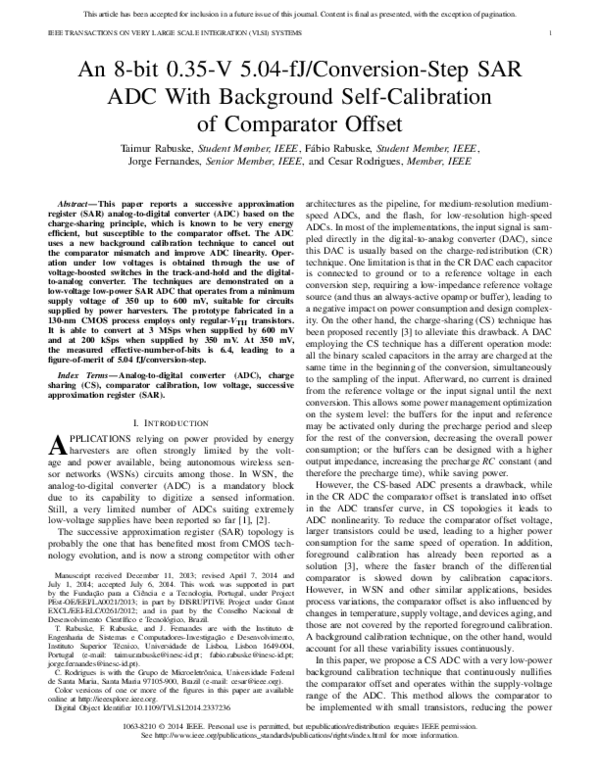 Pdf An 8 Bit 0 35 V 5 04 Fj Conversion Step Sar Adc With Background Self Calibration Of