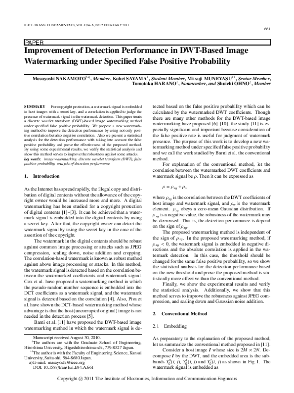 Pdf Improvement Of Detection Performance In Dwt Based Image Watermarking Under Specified False