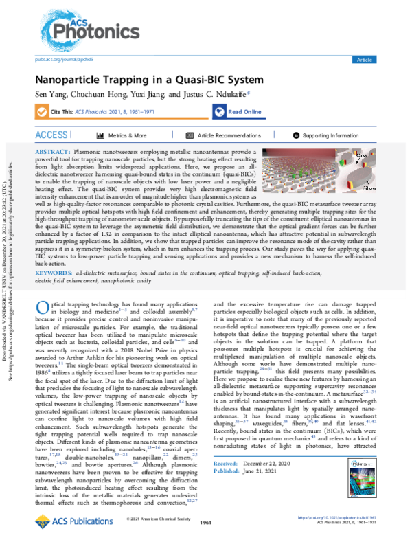 (PDF) Nanoparticle Trapping in a Quasi-BIC System | Chuchuan Hong ...