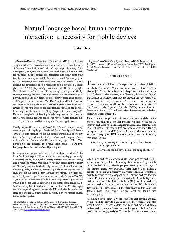 (PDF) Natural language based human computer interaction : a necessity for mobile devices