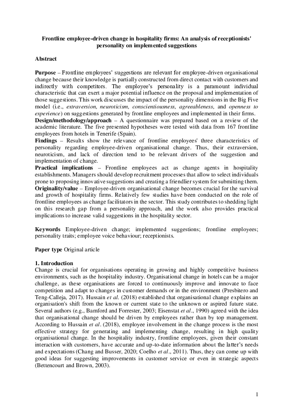 (PDF) Frontline employee-driven change in hospitality firms: an ...