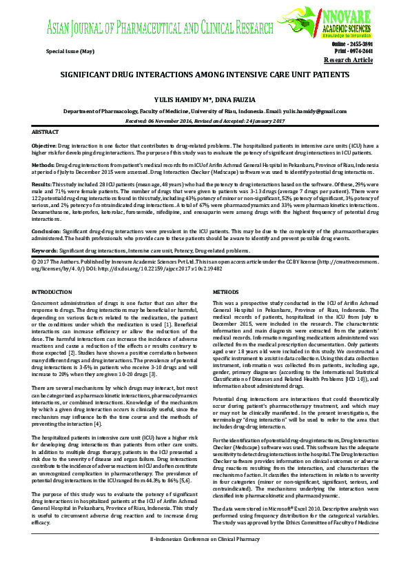 (PDF) Significant Drug Interactions Among Intensive Care Unit Patients