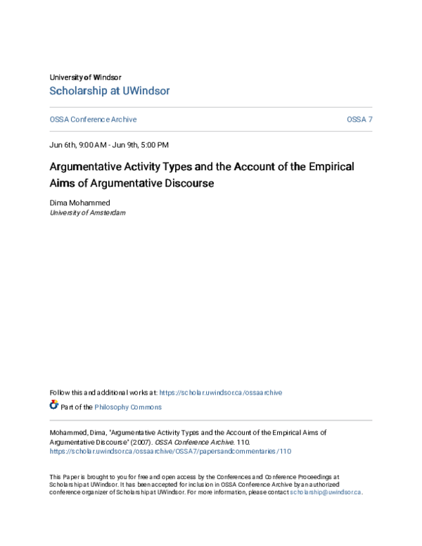 (PDF) Argumentative Activity Types and the Account of the Empirical Aims of Argumentative Discourse