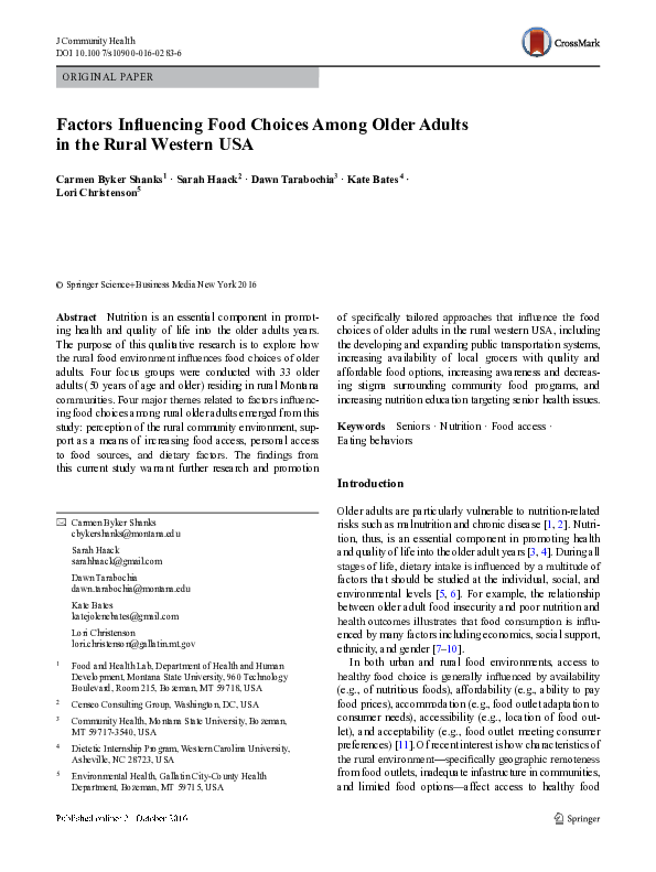 (PDF) Factors Influencing Food Choices Among Older Adults in the Rural ...