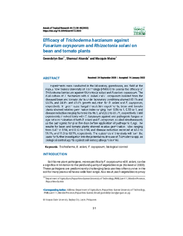 (PDF) Efficacy of Trichoderma harzianum against Fusarium oxysporum and Rhizoctonia solani on ...