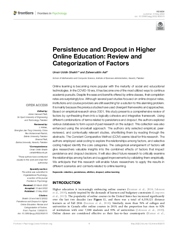 (PDF) Persistence and Dropout in Higher Online Education: Review and ...