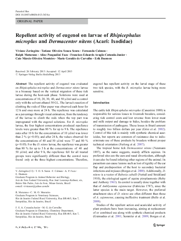 (PDF) Repellent activity of eugenol on larvae of Rhipicephalus microplus and Dermacentor nitens ...