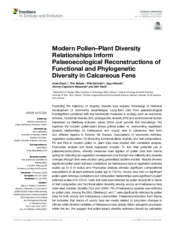 (PDF) Modern Pollen–Plant Diversity Relationships Inform ...