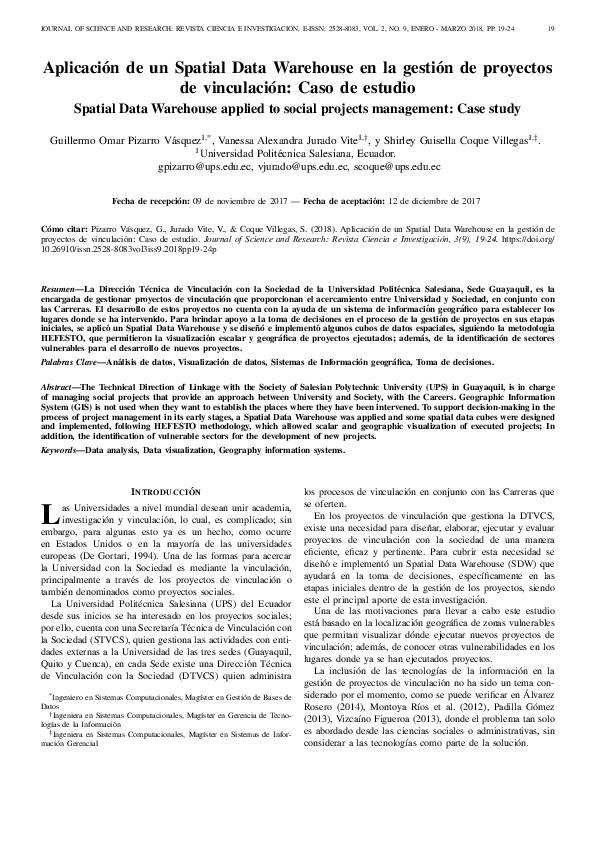 (PDF) Aplicación de un Spatial Data Warehouse en la gestión de proyectos de vinculación: Caso de ...
