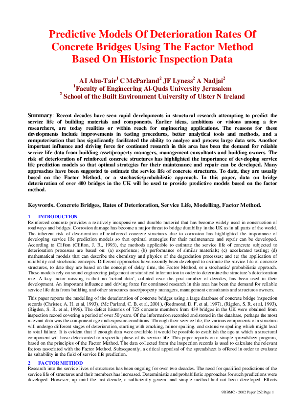 Pdf Predictive Models Of Deterioration Rates Of Concrete Bridges Using The Factor Method Based