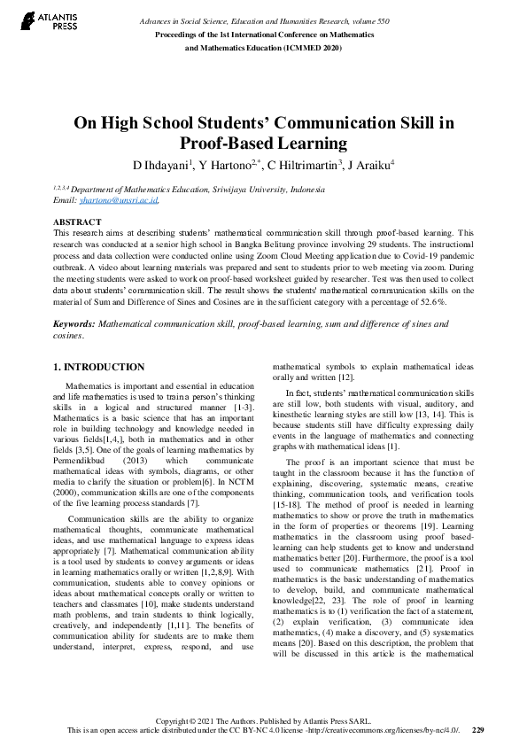 (PDF) On High School Students’ Communication Skill in Proof-Based Learning