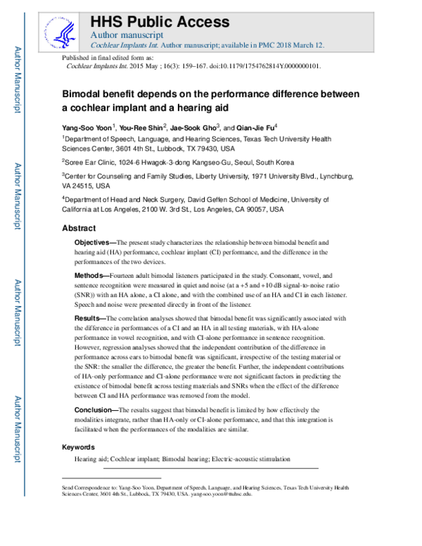 Pdf Bimodal Benefit Depends On The Performance Difference Between A Cochlear Implant And A