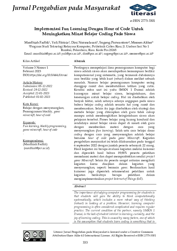 (PDF) Implementasi Fun Learning Dengan Hour of Code Untuk Meningkatkan Minat Belajar Coding Pada ...