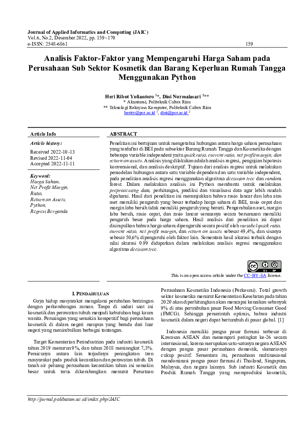 (PDF) Analisis Faktor-Faktor yang Mempengaruhi Harga Saham pada Perusahaan Sub Sektor Kosmetik ...