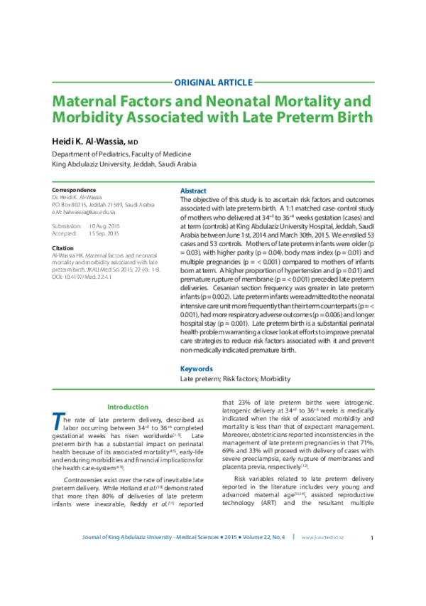 (PDF) Maternal Factors and Neonatal Mortality and Morbidity Associated ...