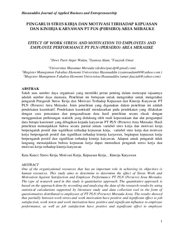 (PDF) Effect of Work Stress and Motivation to Employees and Employee Performance PT Pln (Persero ...
