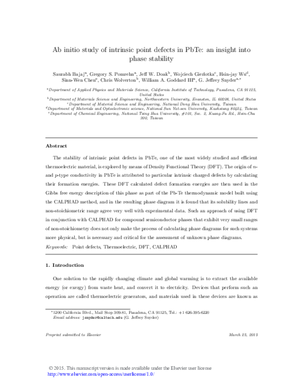 (PDF) Ab initio study of intrinsic point defects in PbTe: an insight into phase stability