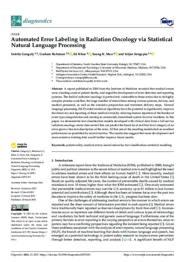 (PDF) Automated Error Labeling in Radiation Oncology via Statistical Natural Language Processing