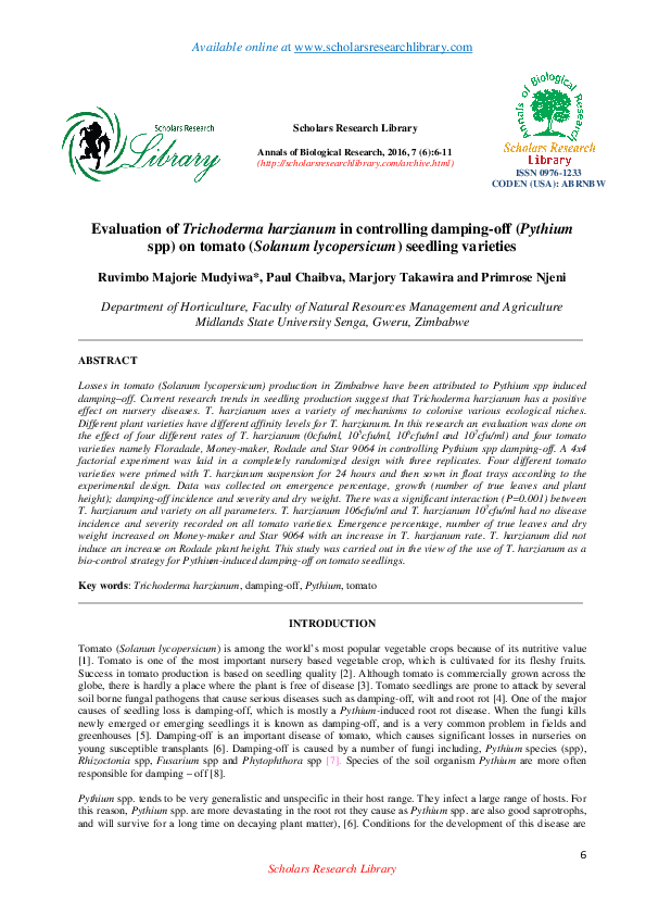 (PDF) Evaluation of Trichoderma harzianum in controlling damping-off (Pythiumspp) on tomato ...