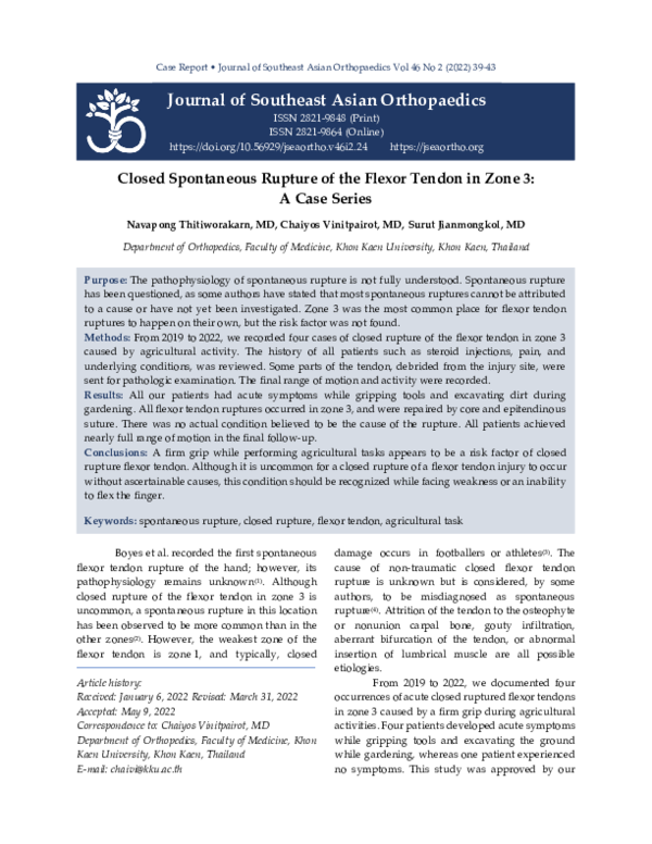 (PDF) Closed Spontaneous Rupture of the Flexor Tendon in Zone 3: A Case ...