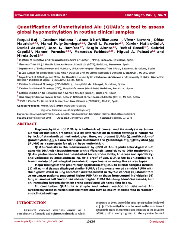 (PDF) Quantification of Unmethylated Alu (QUAlu): a tool to assess ...
