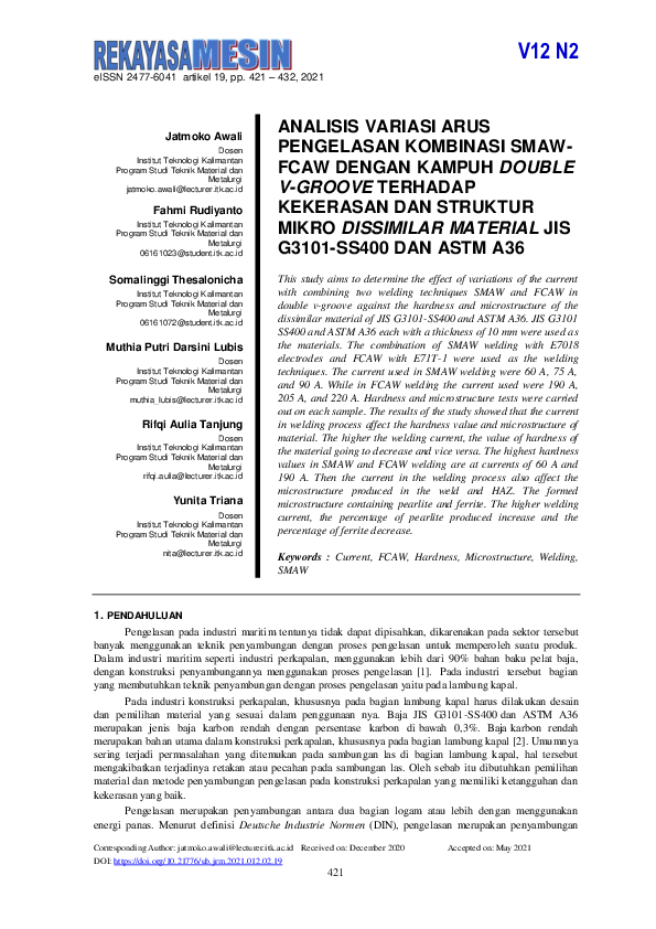 (PDF) Analisis Variasi Arus Pengelasan Kombinasi SMAW-FCAW dengan Kampuh Double V-Groove ...